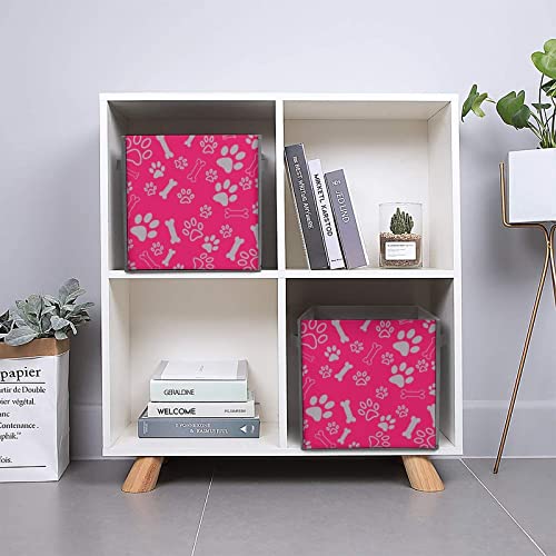 Dog Paws and Bone Pattern Large Cubes Storage Bins Collapsible Canvas Storage Box Closet Organizers for Shelves