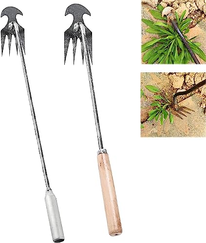 olybell Stainless Weeding Artifact Uprooting Weeding Tool, Stainless Steel Forged Weed Puller 4 Teeth Dual Purpose Weeder, Hand Weeder Tool for Gardening with Long Handle (Black)