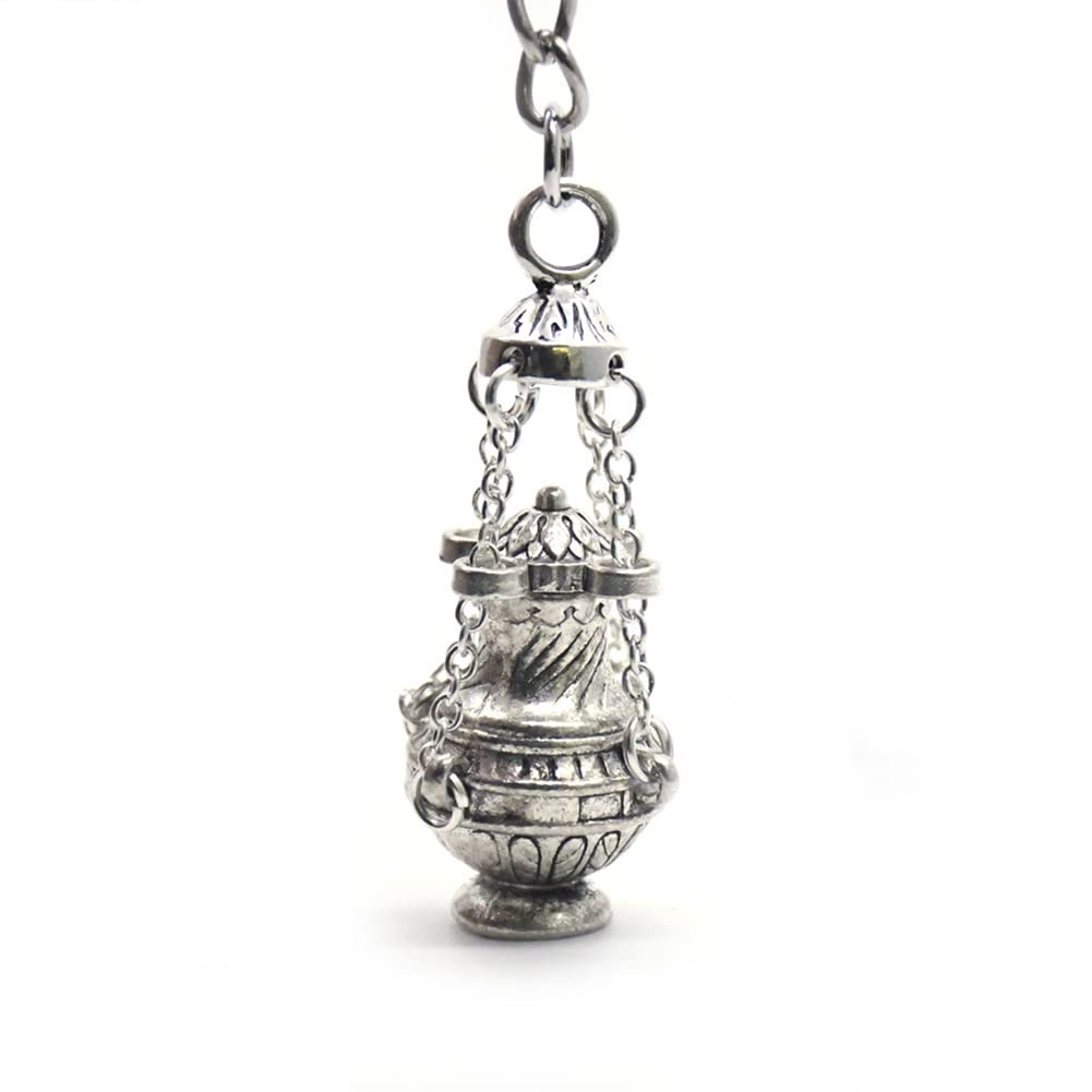 Censer Incense Burner Key Ring Accessory, Silver Tone Christian Faith Keychain Religious Gift Zinc Alloy Censer Key Ring for Bag Keychain Keyring Decoration, 4.52 Inches