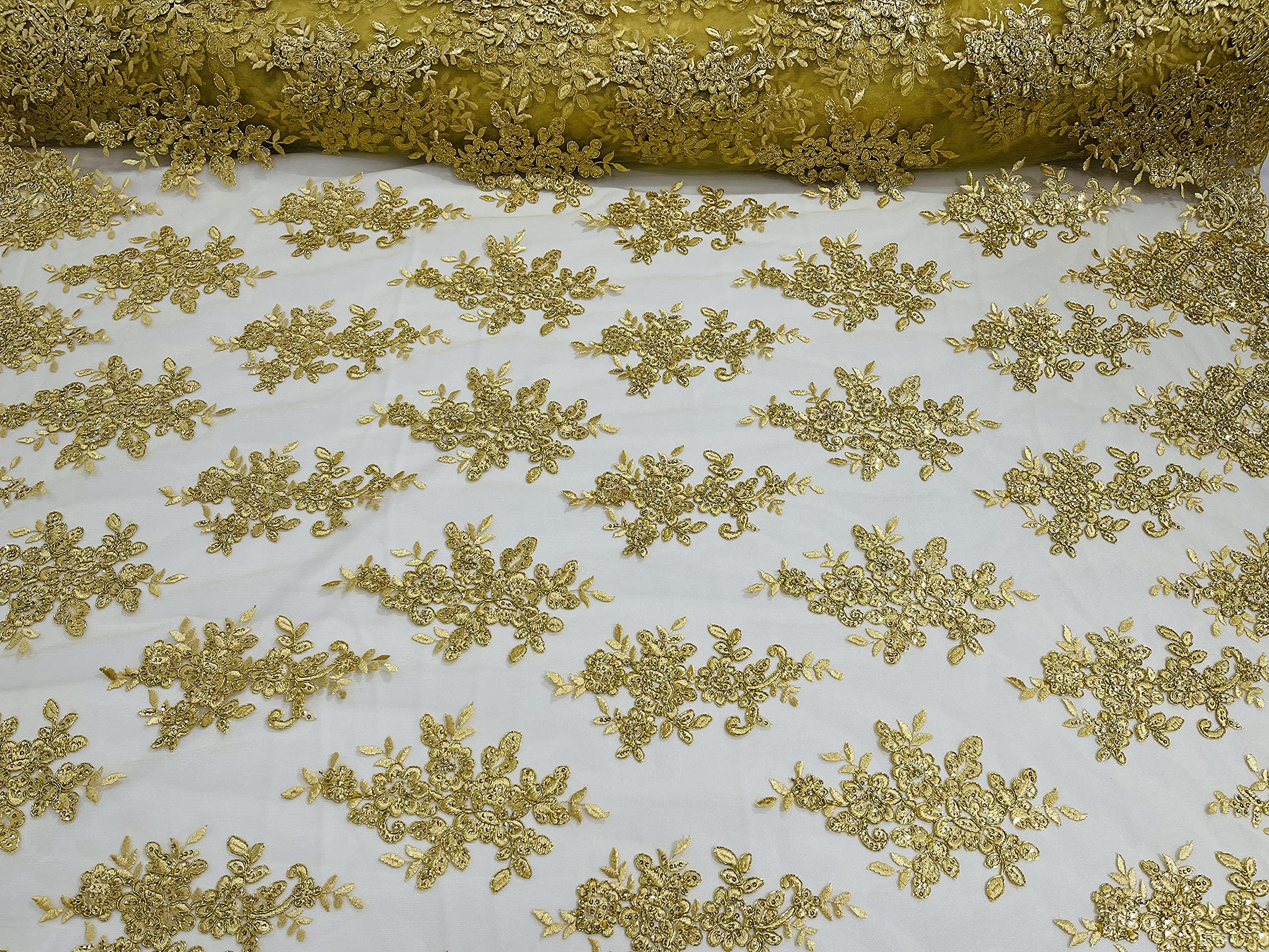 New Creations Fabric & Foam Inc, 50" Wide Floral Design Embroidery On A Mesh Lace with Sequins and Cord Fabric (1 Yard, Metallic Gold)