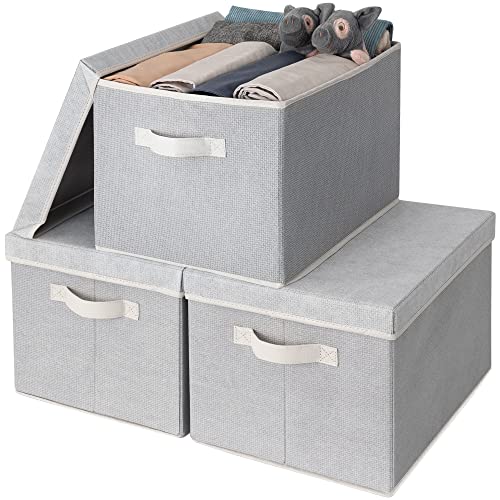 GRANNY SAYS Fabric Boxes with Lids, Decorative Baskets for Storage Containers for Closet, Cloth Storage Bins Jumbo Storage Boxes for Linens Clothes Organizers, Gray/Beige, 3-Pack