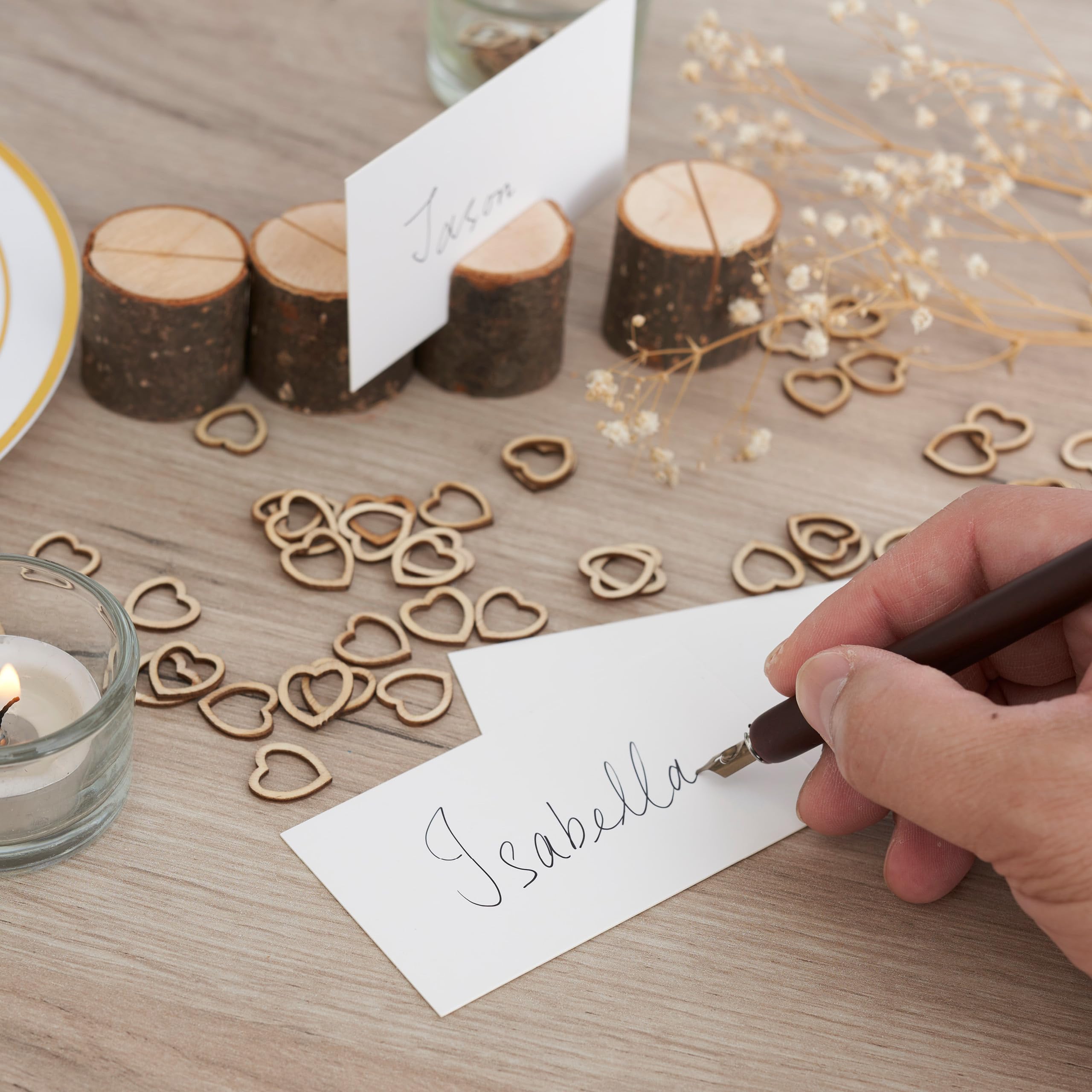 THE TWIDDLERS 50 Rustic Wood Place Card Holders with 50 White Table Name Cards 3.5 x 2 - Reserved Seating for Wedding, Party Buffet, Banquet, Dinner, Food Labels
