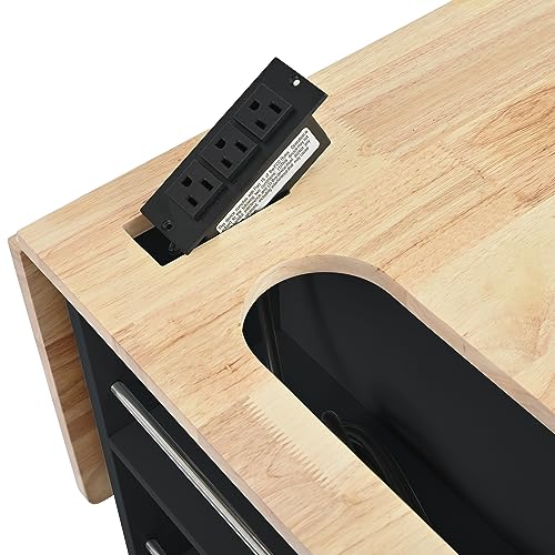 Gustonhon Kitchen Island with Drop Leaf,Dining Table Trolley with Power Outlet and Rubber Wood,Open Storage and Wine Rack,5 Wheels,with Adjustable Storage for Home, Kitchen, and Dining Room (Black)