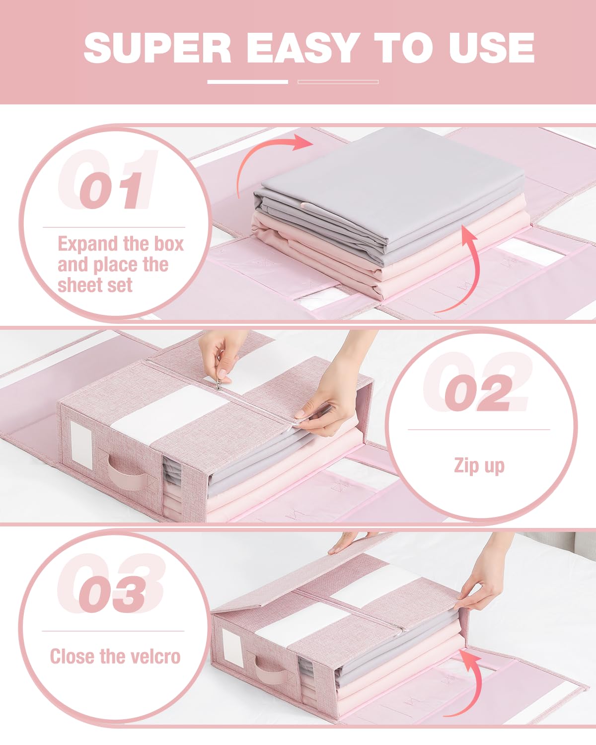 BESHOOME 4-Pack Bed Sheet Organizers and Storage, Queen/King Size (Pink), Foldable Sheet Organizer for Linen Closet, Fabric Storage Bins for Bedding Sheets,Duvet Covers and Pillow cases