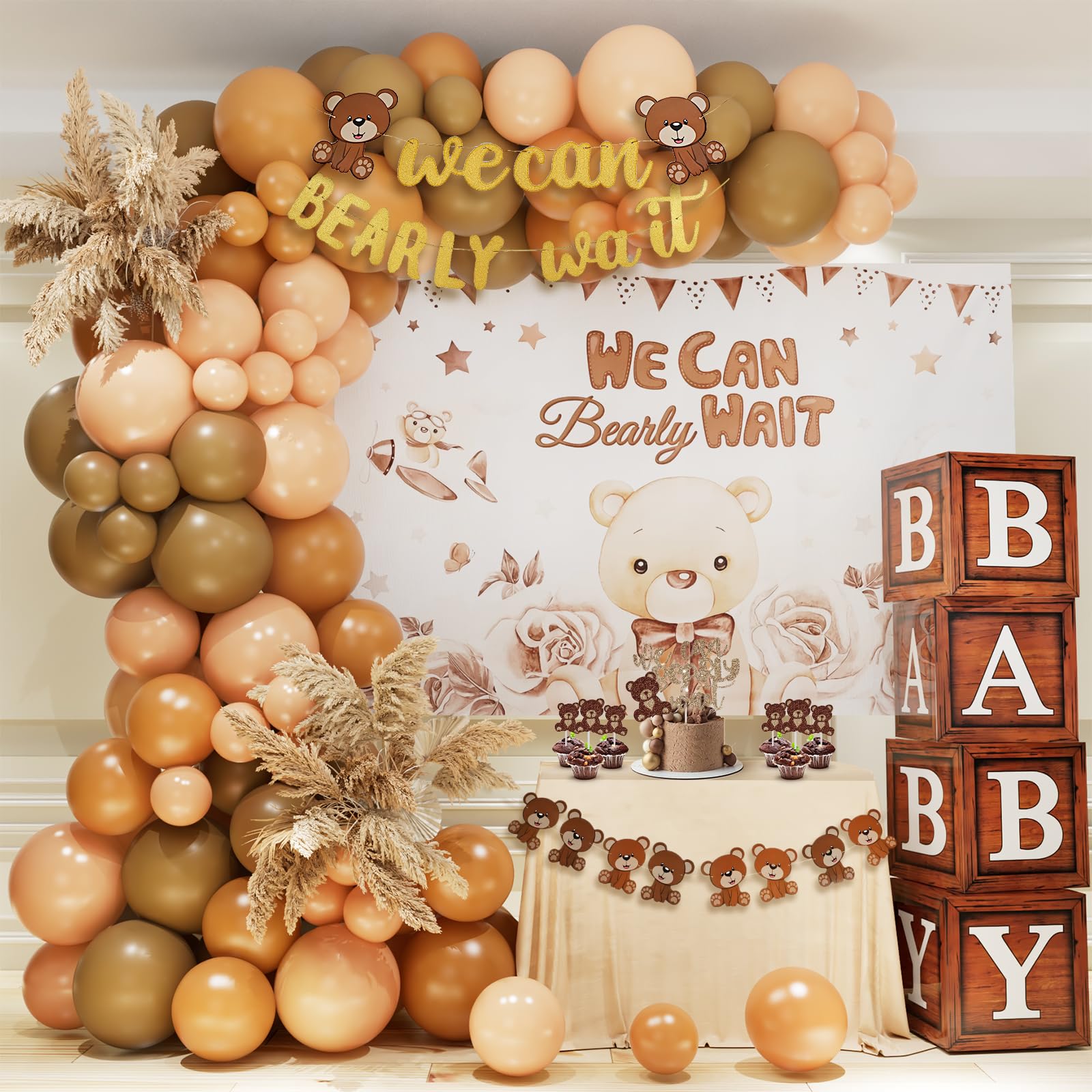 Bearly Wait Baby Shower Decorations, Brown Balloon Garland Arch Kit, Balloon Boxes With Letters, Bearly Wait Banner Backdrop for Boho Gender Reveal Bear Theme Birthday Baby Shower Party Decorations