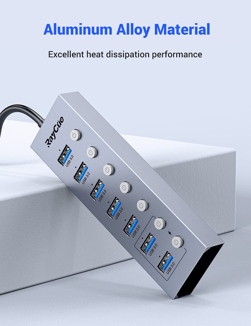 Powered USB 3.0 Hub, Aluminum 7-Port USB Data Hub Splitter with 5V/3A AC Adapter and Individual On/Off Switches, USB Hub Powered Charging for MacBook Pro/Air, PC, Laptops, Surface Pro,HP, etc