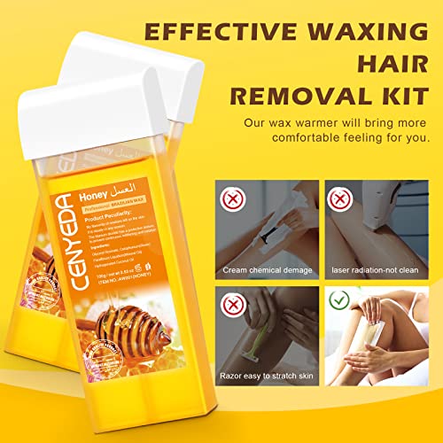 Digital Roll On Wax Kit, Honey Wax Roller Waxing Kit for Women, Roll On Wax Warmer for Hair Removal, Depilatory Soft Roll On Wax Warmer with 2 Cartridge Refill and 100 pcs Wax Strips - Super Easy To U