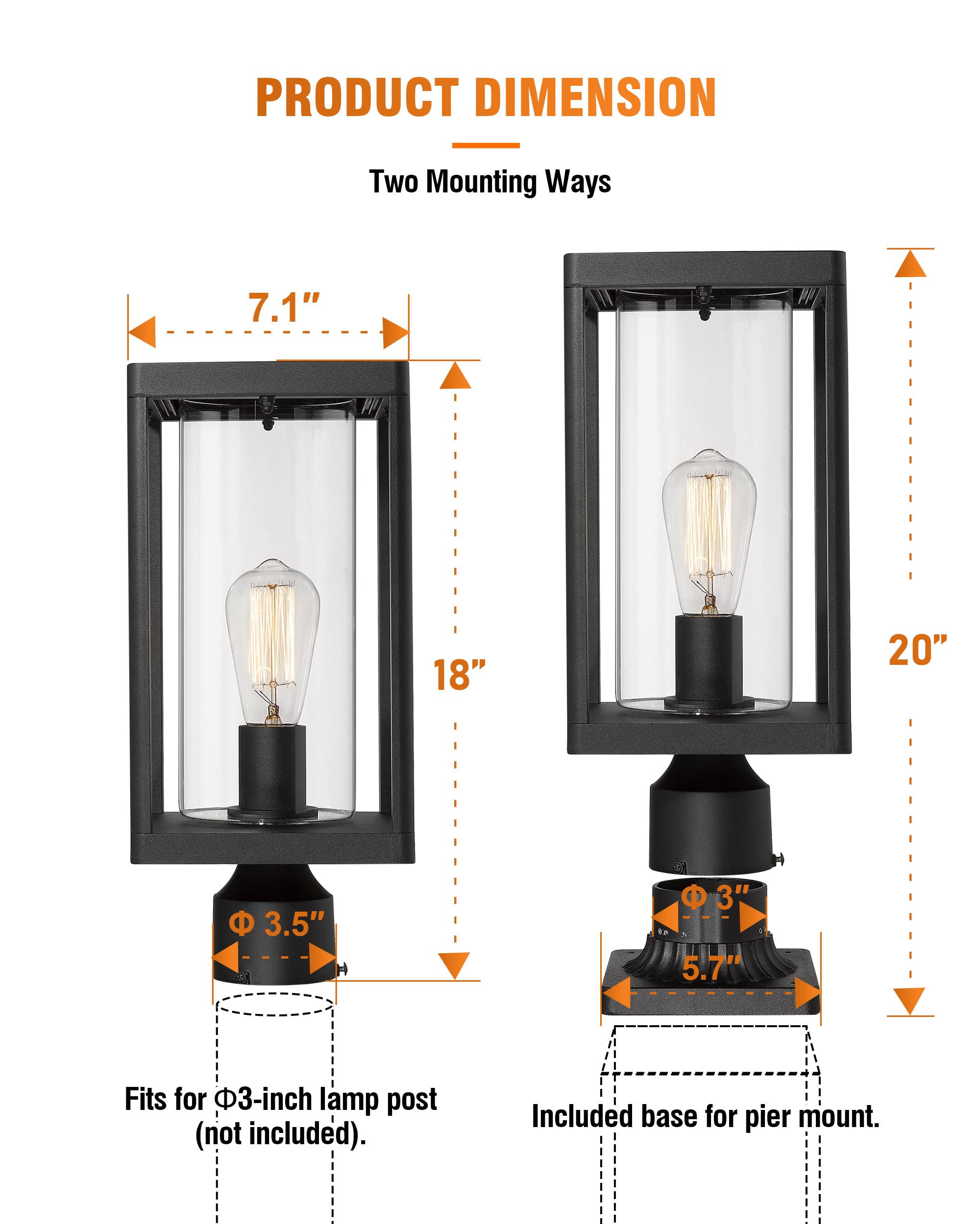 Beionxii Outdoor Post Lantern, 20inch Large Modern Lamp Post Light Fixture Exterior Pillar Lights with Pier Mount Base, Black Cast Aluminum w/Clear Cylinder Glass - A291P-2PK