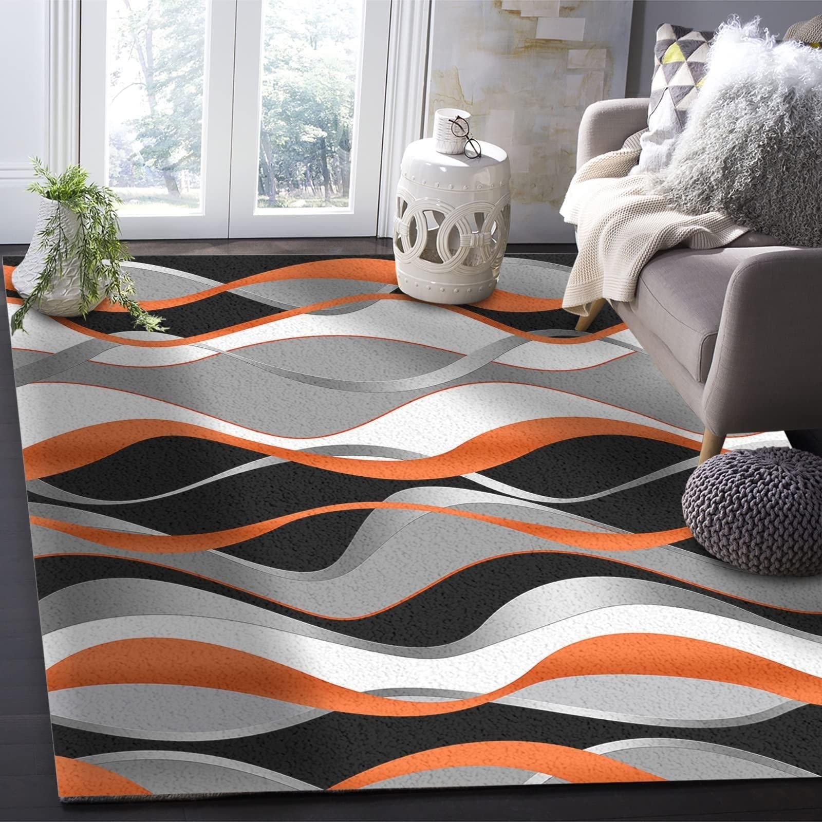 Orange Black Grey Wavy Kids Rugs, Abstract White Moire Geometric Art Thick Soft Plush Area Rugs, Breathable Durable Carpet, Machine Washable Mat for Hardwood Floors Decor 2' x 3'