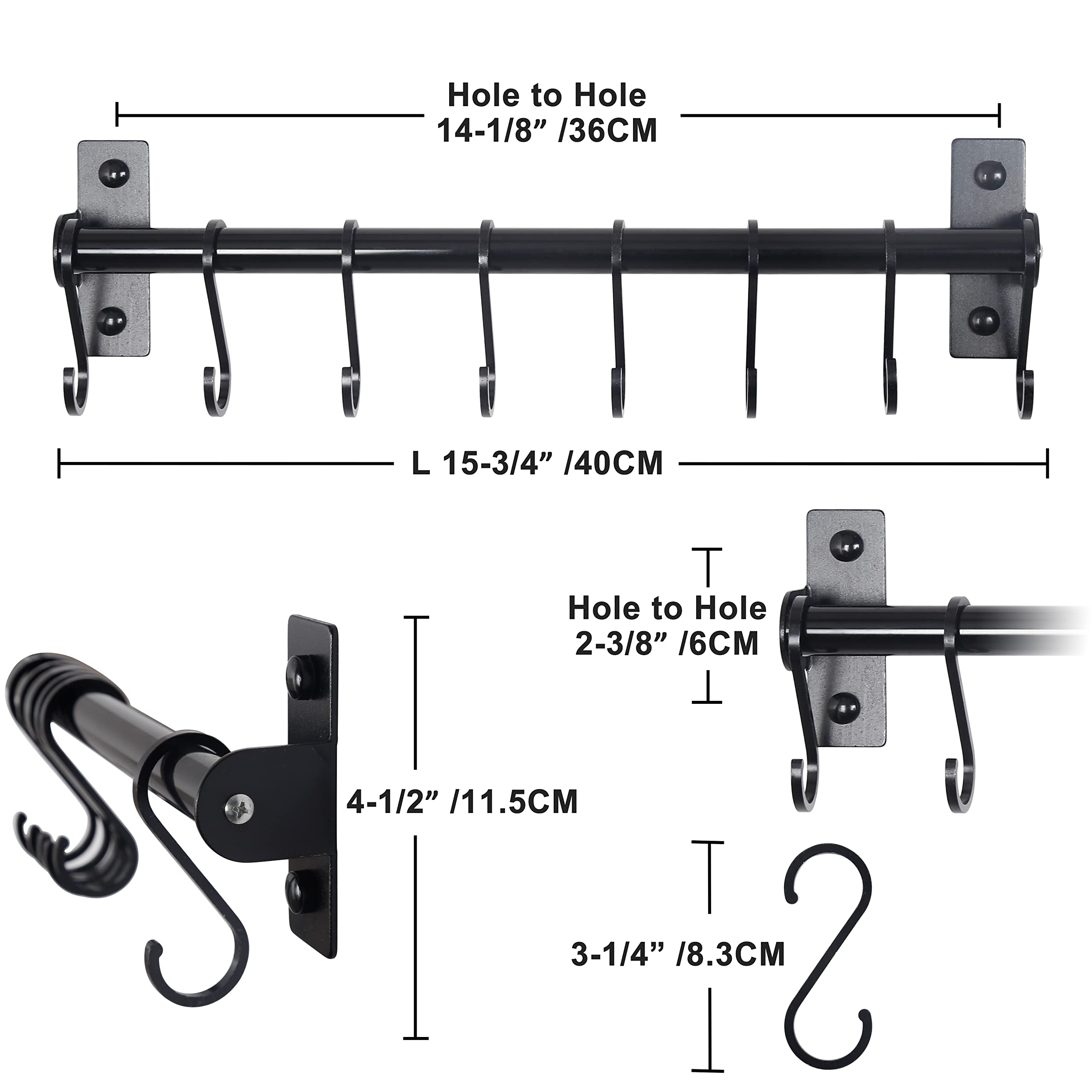 Dseap Kitchen Utensil Holder Hanger, Pot and Pan Rack wall mounted, Kitchen Rail with 8 Hooks for Hanging Cooking Utensils, Mugs, Spoons, Wall Mounted, Black, Pack of 2