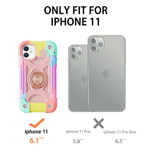 MARKILL Compatible with iPhone 11 Case 6.1 Inch with 360°Rotate Ring Stand, Military Grade Drop Protection Full Body Rugged Heavy Duty Case 3 in 1 Protective Cover (Rainbow Pink)