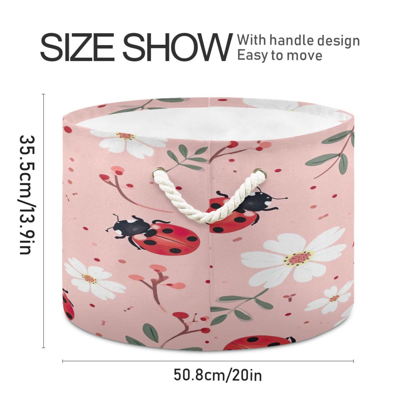 SDMKA Lady Bugs on Pink Laundry Basket Extra Large Storage Basket 20" x 14" Blanket Basket Toy Basket Decorative Cotton Rope Handle Laundry Hamper