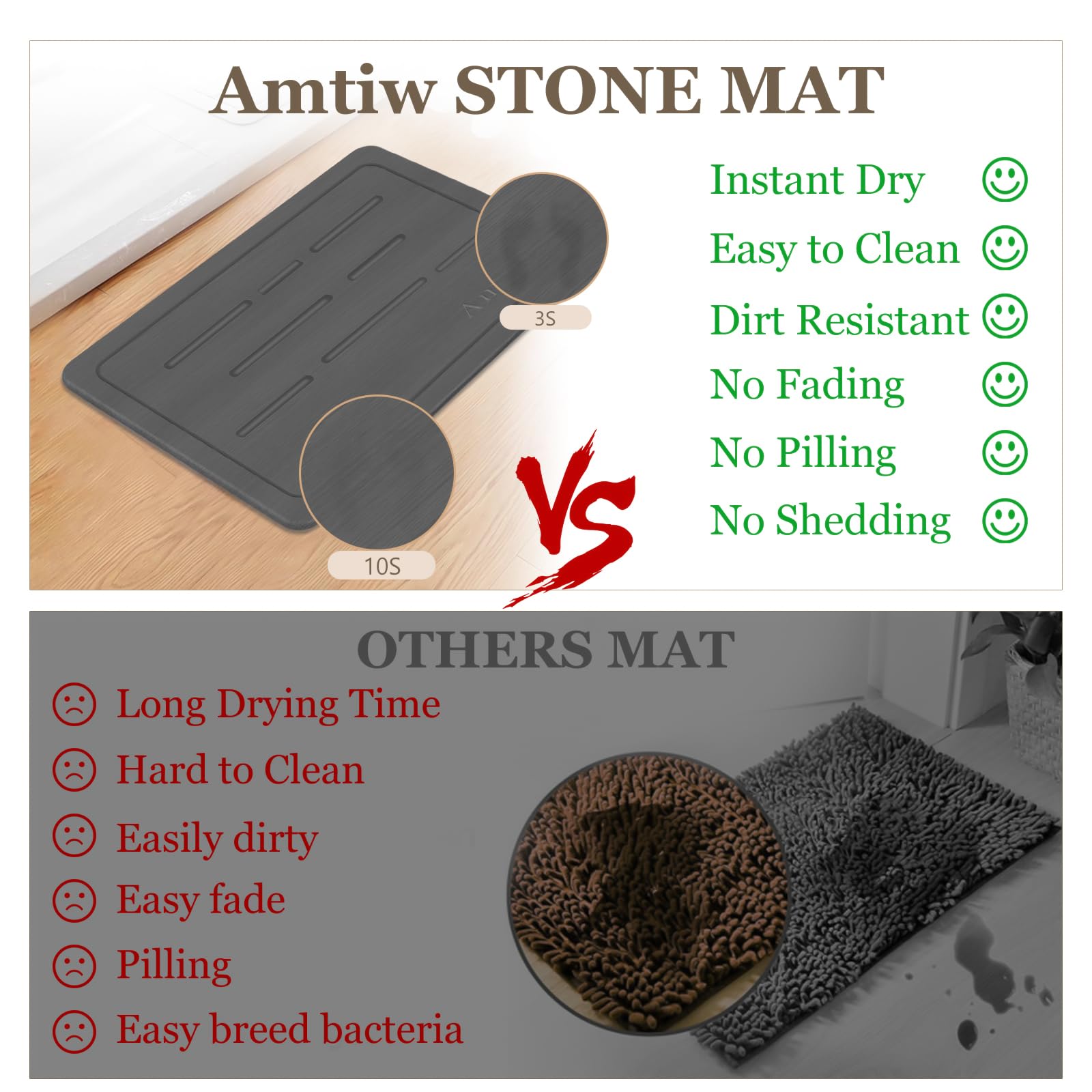 Amtiw Stone Bath Mat Non-Slip Fast-Drying Mat for Kitchen Counter, Bathroom Floor - Super Absorbent Diatomaceous Earth Shower Mat (Gray)