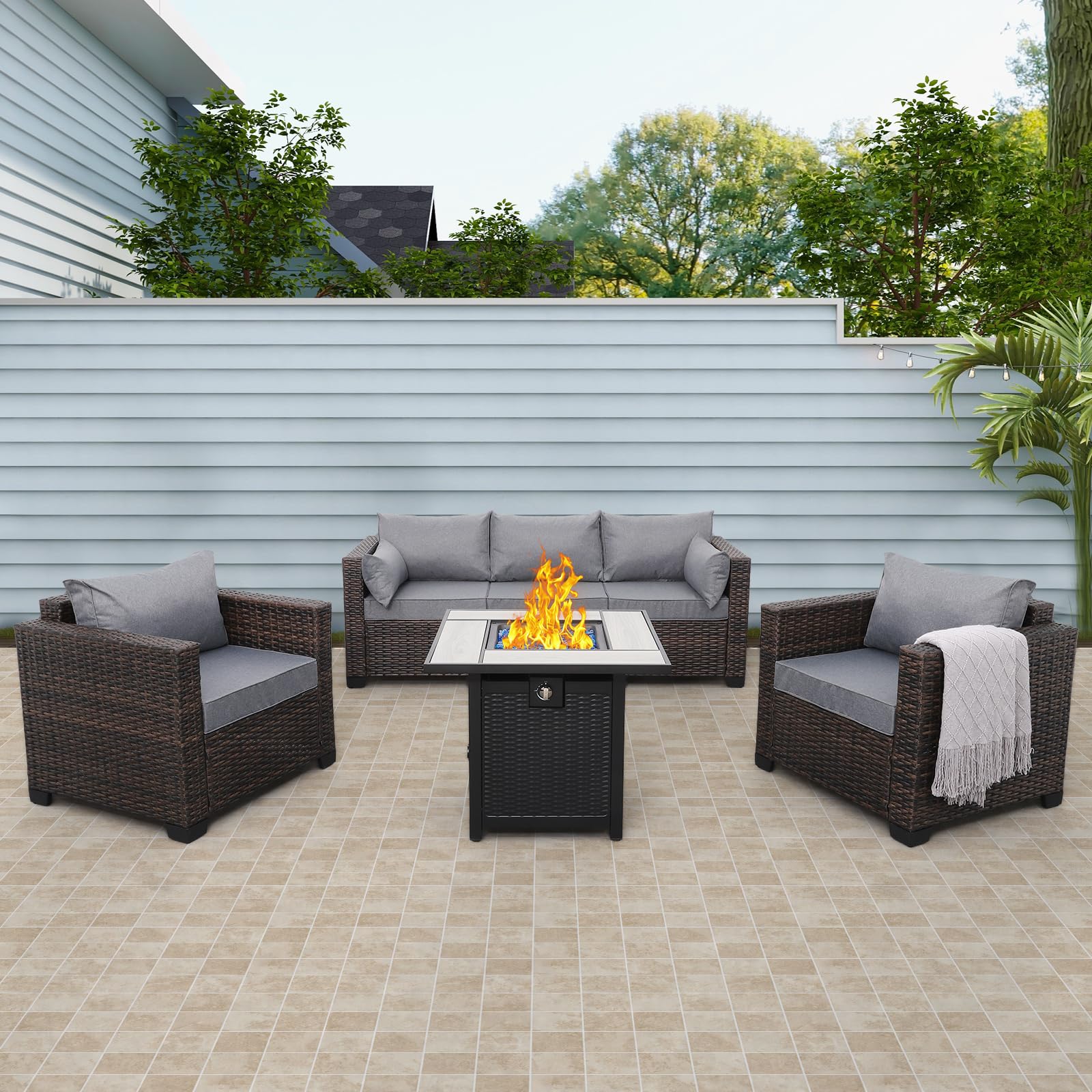 Valita Patio Rattan Furniture Set 4-Piece Outdoor PE Wicker Conversation Couch, Brown Sectional Sofa Couch with 50,000BTU Adjustable Fire Pit Table Non-Slip and Washable Gray Cushions