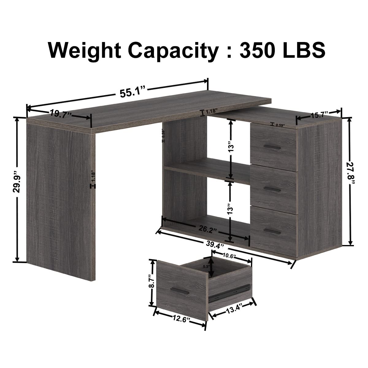 HSH Black L Shaped Desk with Drawers Shelves, 360 Rotating Home Office Desk L Shape with Storage Cabinet, Corner Wood Computer Table for PC Executive Work Study Writing in Bedroom Living Room, 55 in