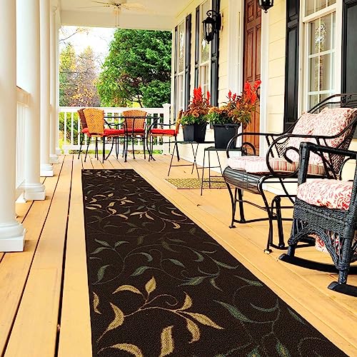 Machine Washable Leaves Design Non-Slip Rubberback 3x10 Traditional Runner Rug for Hallway, Kitchen, Bedroom, Living Room, 2'7" x 9'10", Brown