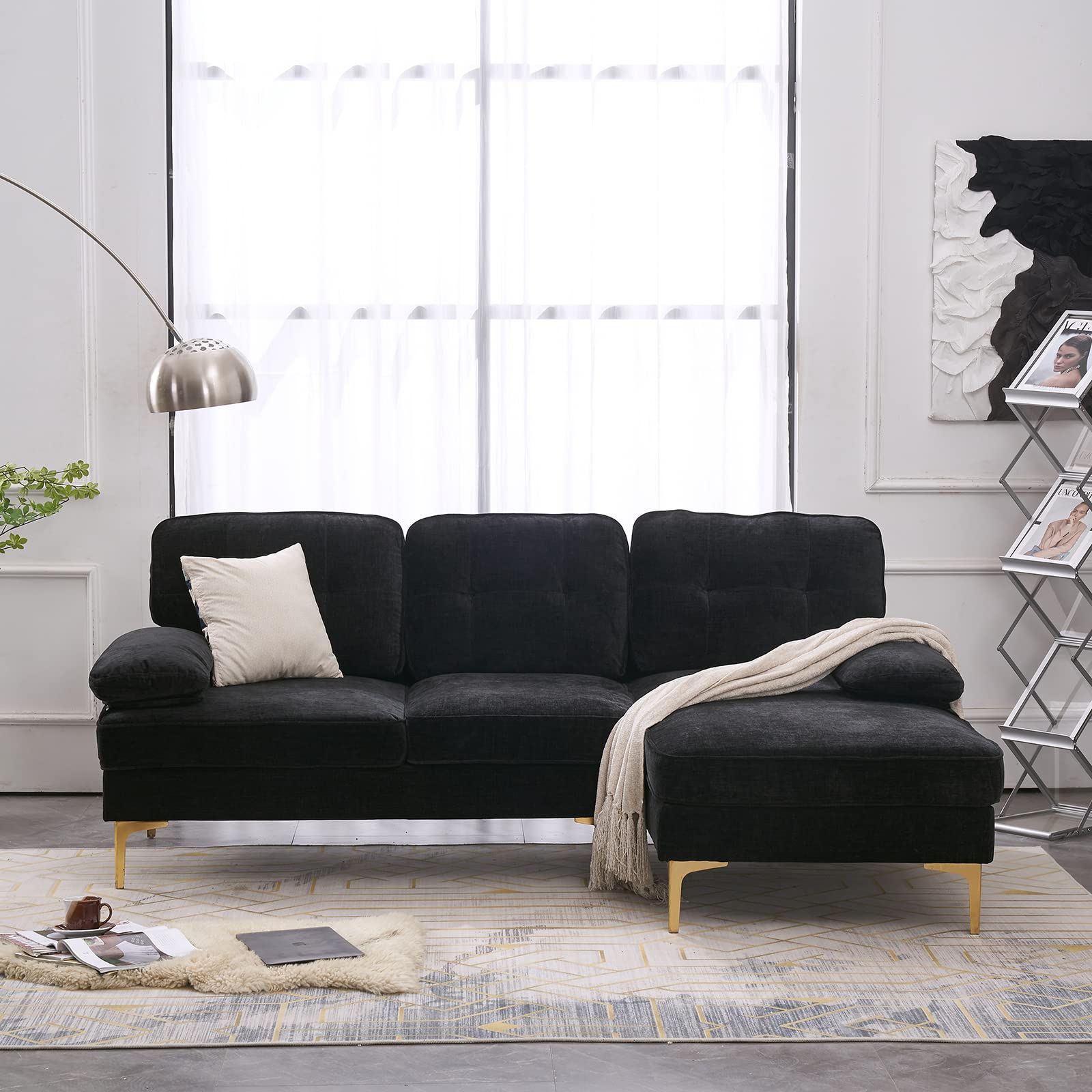 POULEII Sectional Sofa,Modern L-Shape Modular Sectional Sofa Sleeper Couch with Chenille Fabric and Gold-Plated Feet for Living Room, Apartment, Office,Black