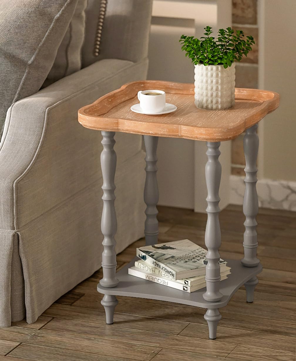 VONLUCE French Country End Table, 19'' Square Farmhouse Side Table, Distressed Wood Tray Top Rustic Accent Table for Living Room Bedroom, Small Space, Beige