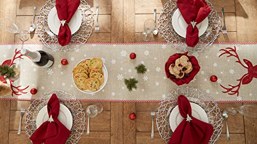 DII Holiday Dining Table Decoration Embroidered Christmas Table Runner, 14x70, Red Reindeer & Snowflakes