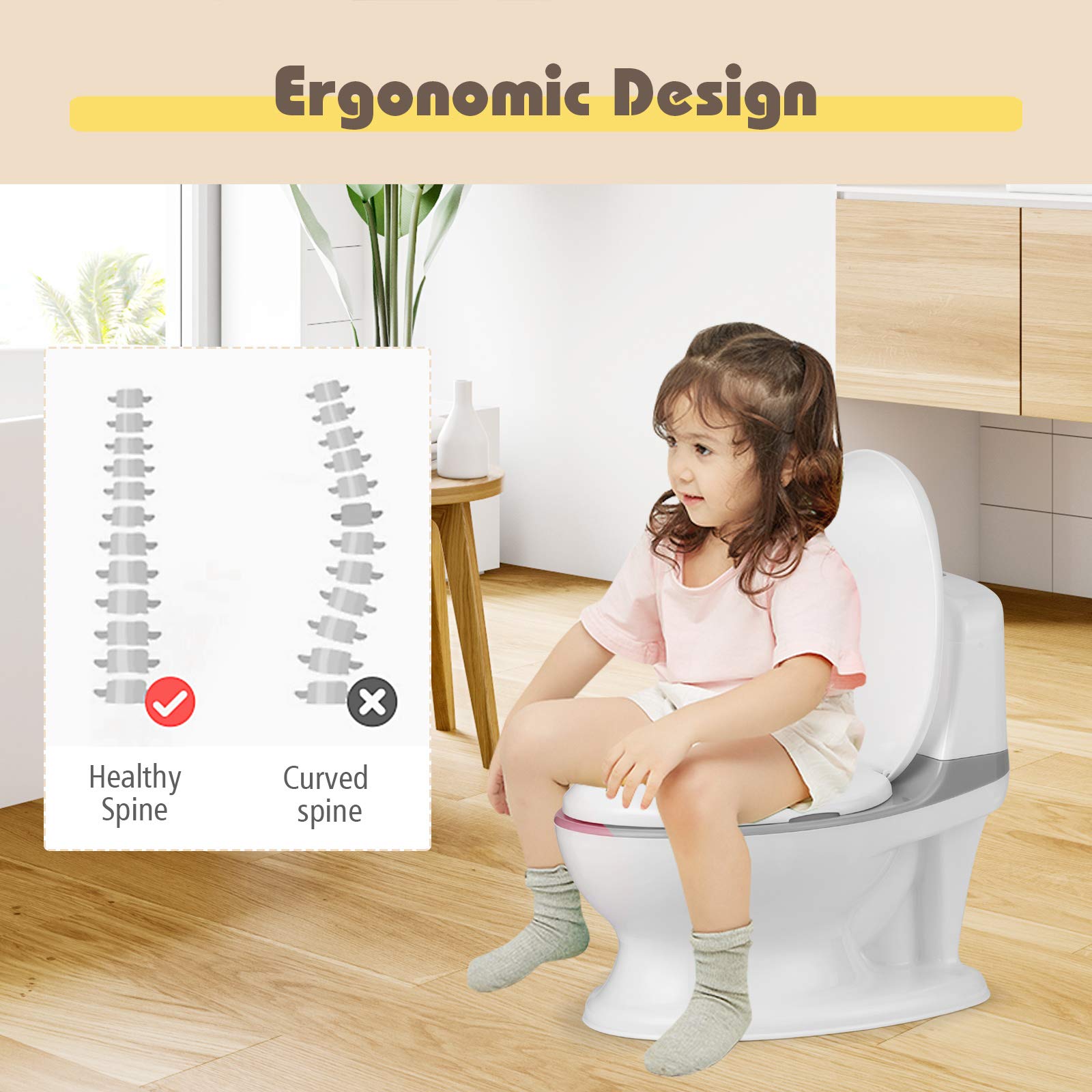 BABY JOY Realistic Potty Training Toilet, Potty Seat for Toddlers & Kids w/Flushing Sounds & Built-in Wipe Compartment, Splash Guard for Simple Cleaning, Ergonomic (Grey)