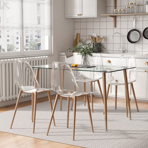 Glass Dining Table Set for 4, 51 inch Dining Table & Chair Sets with Light Wood Metal Legs for Kitchen, Modern Rectangle Tempered Glass Table Top and Transparent Plastic Dining Chair for Dining Room