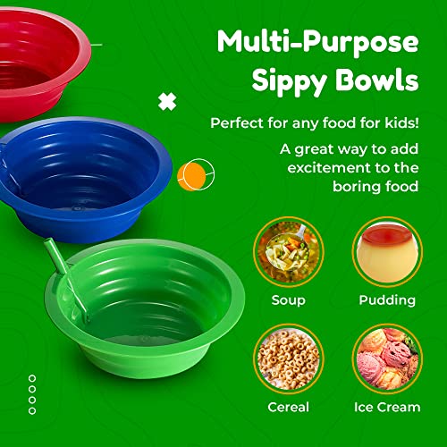Green Direct Sippy Bowl With Straw and Spoons | 22 Ounce Plastic Cereal Bowls With Straws BPA Free Assorted Color | Built-in Straw Bowl Blue Red Green Yellow Pack of 4