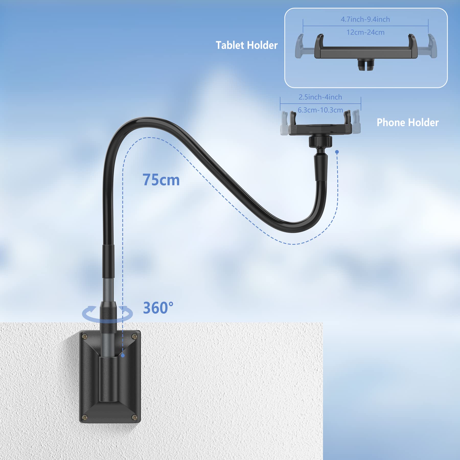 BEATYLIFE Wall Mount Cell Phone Tablet Holder - Flexible Arm Clip Phone Tablet Stand for Bathroom Bedroom Dorm Kitchen Toilet, Compatible with iPhone, iPad, Fire HD, Galaxy Tablet 4.7"-10.5"