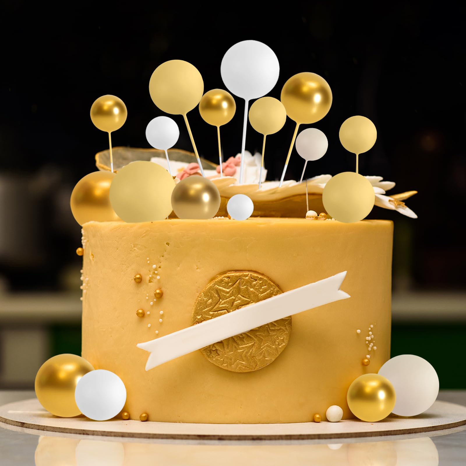 ASTARON 32 Pcs Ball Cake Topper Decorations Mini Balloons Cake Topper Sticks Foam Balls Cake Picks Cake Topper Balls Cake Decorations for Wedding Party Birthday Cake Decorations (Yellow Gold)