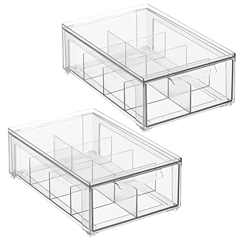 mDesign Plastic Kitchen and Pantry Organizer with Divided Drawer - Stackable Bin with 8 Sections for Tea and Snack Food - Perfect for Organizing Cabinet, Fridge - Lumiere Collection - 2 Pack - Clear
