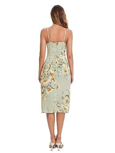 Floerns Women's Floral Print Cowl Neck Ruched Sleeveless Satin Slit Party Dress Green Multi L