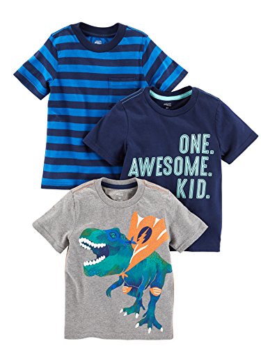Simple Joys by Carter's Baby Boys' 3-Pack Short-Sleeve Tee Shirts, Blue Stripe/Grey Dinosaur/Navy Text Print, 3T