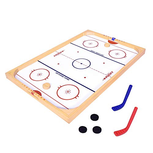 GoSports Ice Pucky Wooden Tabletop Hockey Game for Kids & Adults - Includes 1 game board, 2 Hockey Sticks & 3 Pucks