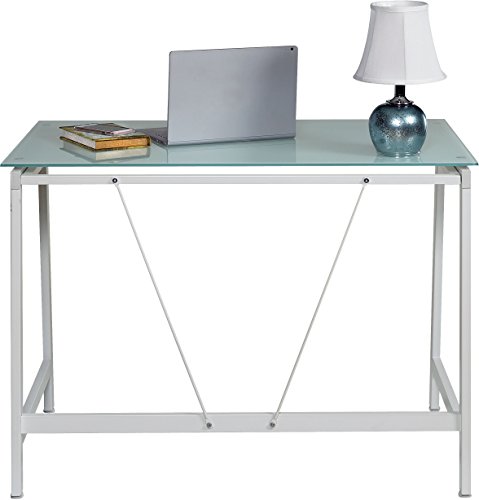 OneSpace Contemporary Glass Writing Desk, Steel Frame, White and Cool Blue