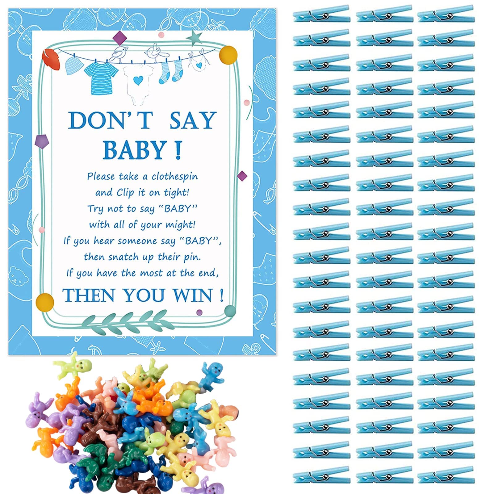 Don't Say Baby Shower Clothespin Game, 60 Mini Plastic Clothespins One 8.5 x 11 Sign 50 Mini Plastic Baby (Blue)