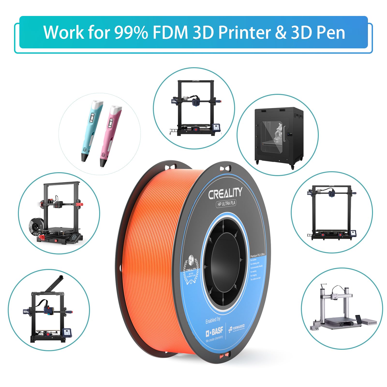 Creality 3D Printer Filament PLA 1.75mm 1KG Spool, 3D Printing Filament, Less Bubbles No Odor, High Toughness Print PLA Filament BASF for Most FDM 3D Printer, Dimensional Accuracy +/- 0.03 mm, Orange