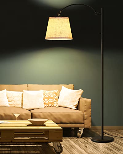 Floor Lamp for Living Room,Modern Lamp with Rotary Switch, Adjustable Tall Standing Reading Lamp with Hanging Linen Shade for Bedroom, Office, Black(3 Color Temperatures Bulb Included )