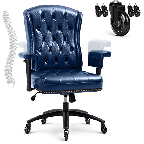 YAMASORO Ergonomic Executive Office Chair with Height-Adjustable, Tufted Back & Nailhead Trim, High-Back Desk Chair for Home & Office, Faux Leather Swivel Managerial Chair,Blue