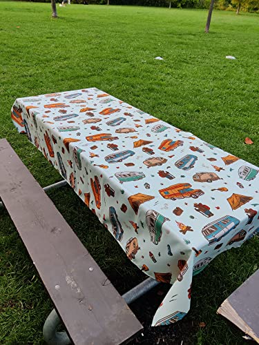 Jolly Camper Vintage Style Camping Tablecloth, Picnic Tablecloth, Fits 4ft to 8ft Picnic Tables, Polyester, Washable & Reusable, Spill & Stain Resistant, Water Repellent, Table Cloth for Picnic Table
