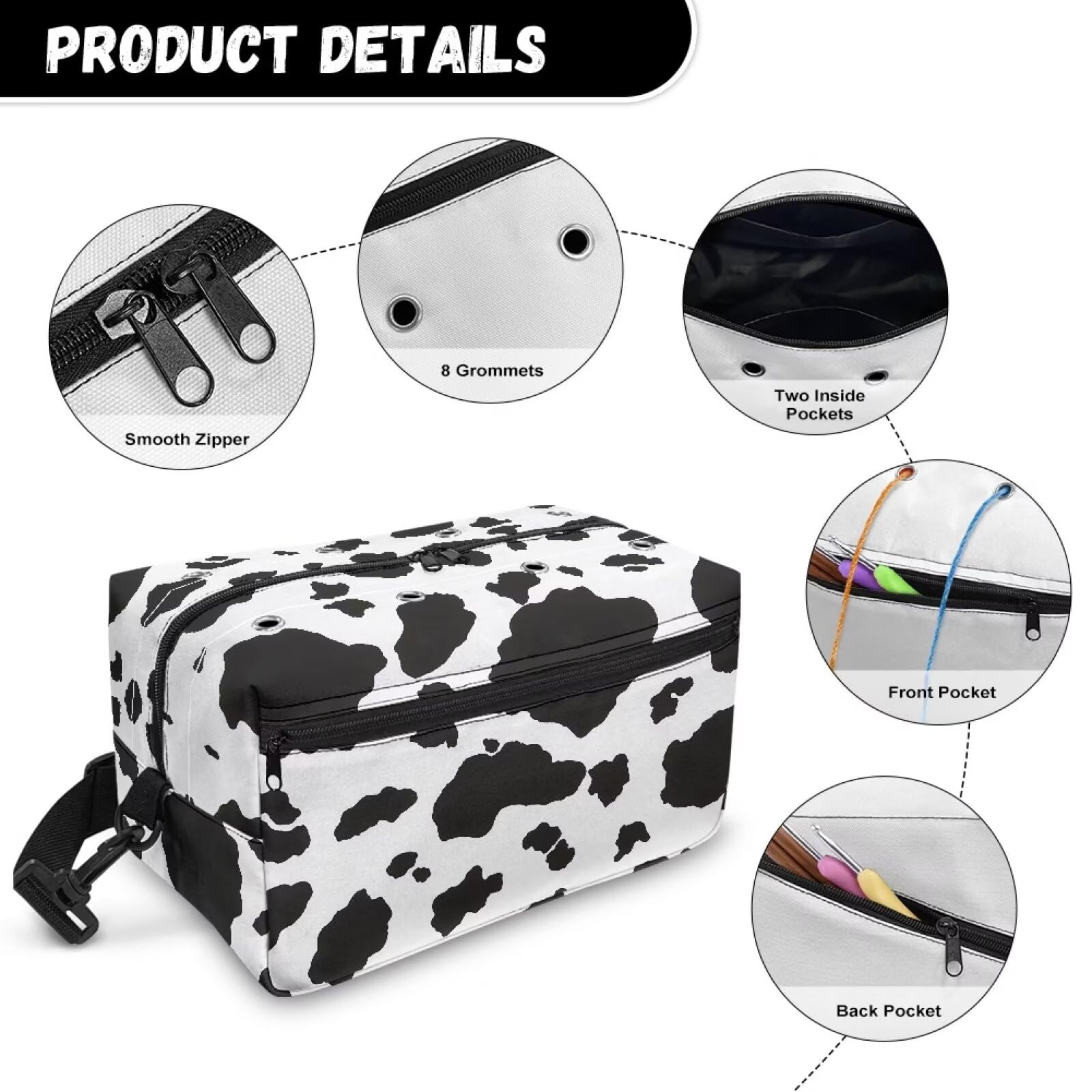 Kathyboom Cow Print Knitting Bag for Yarn Storage, Large Capacity Yarn Tote Organizer Crochet Bag for Knitting Needles, Crochet Hooks and Other Accessories
