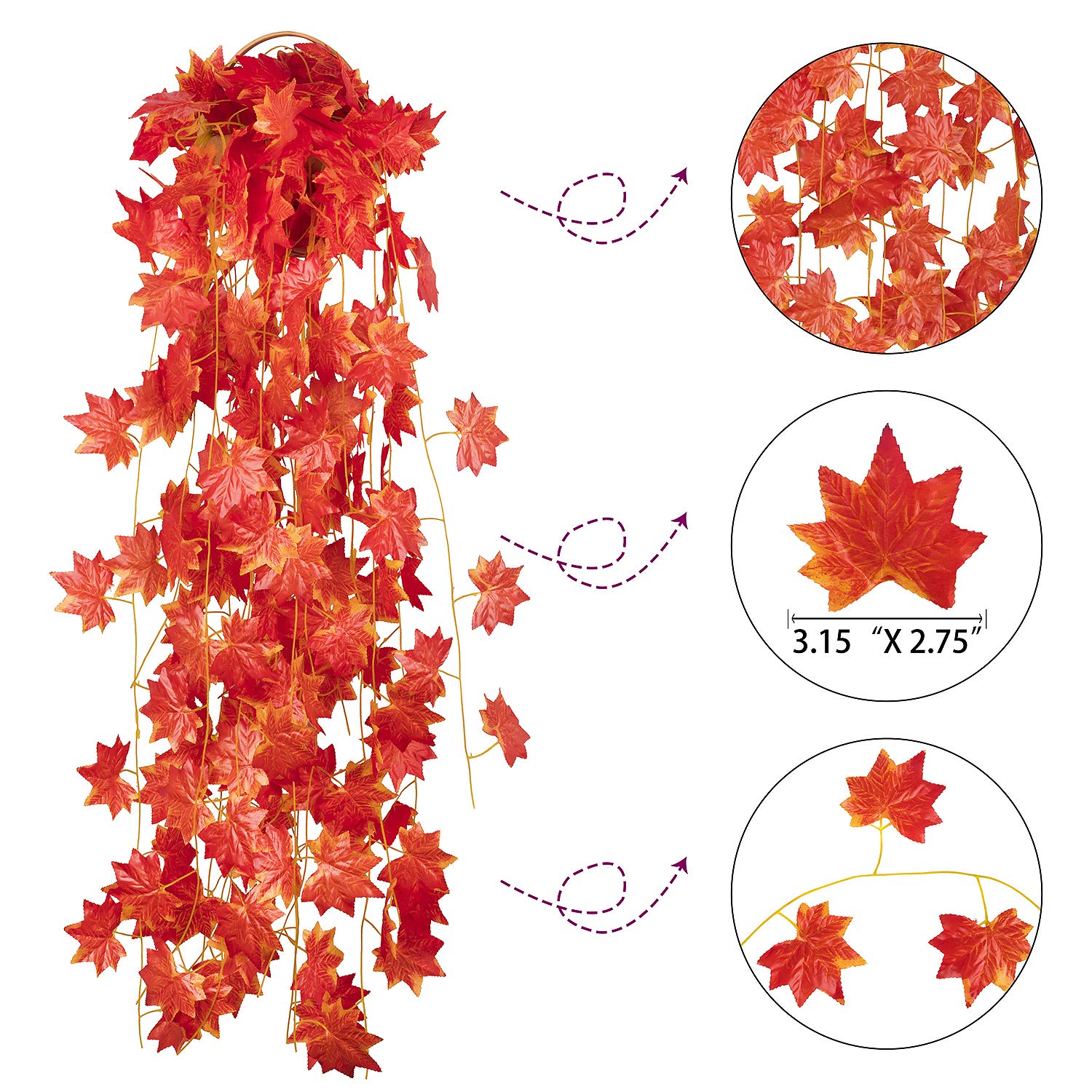GPARK 12Pack / Each 82 inch, Artificial Ivy Red Maple Garland Fake Leaf Plants Vine, Flowers Hanging for Wedding Party Home Garden Kitchen Office Outdoor Greenery Wedding Wall Decoration