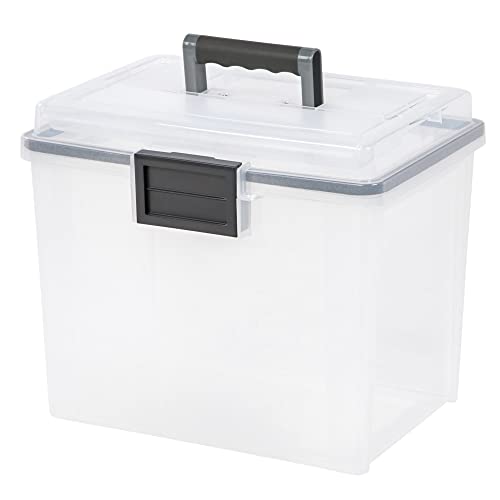 IRIS USA 19 Quart WEATHERPRO Plastic Office Storage Portable Letter Size File Box with Organizer-Lid and Seal and Secure Latching Buckles, Weathertight, Clear with Black Buckle, 1 Pack