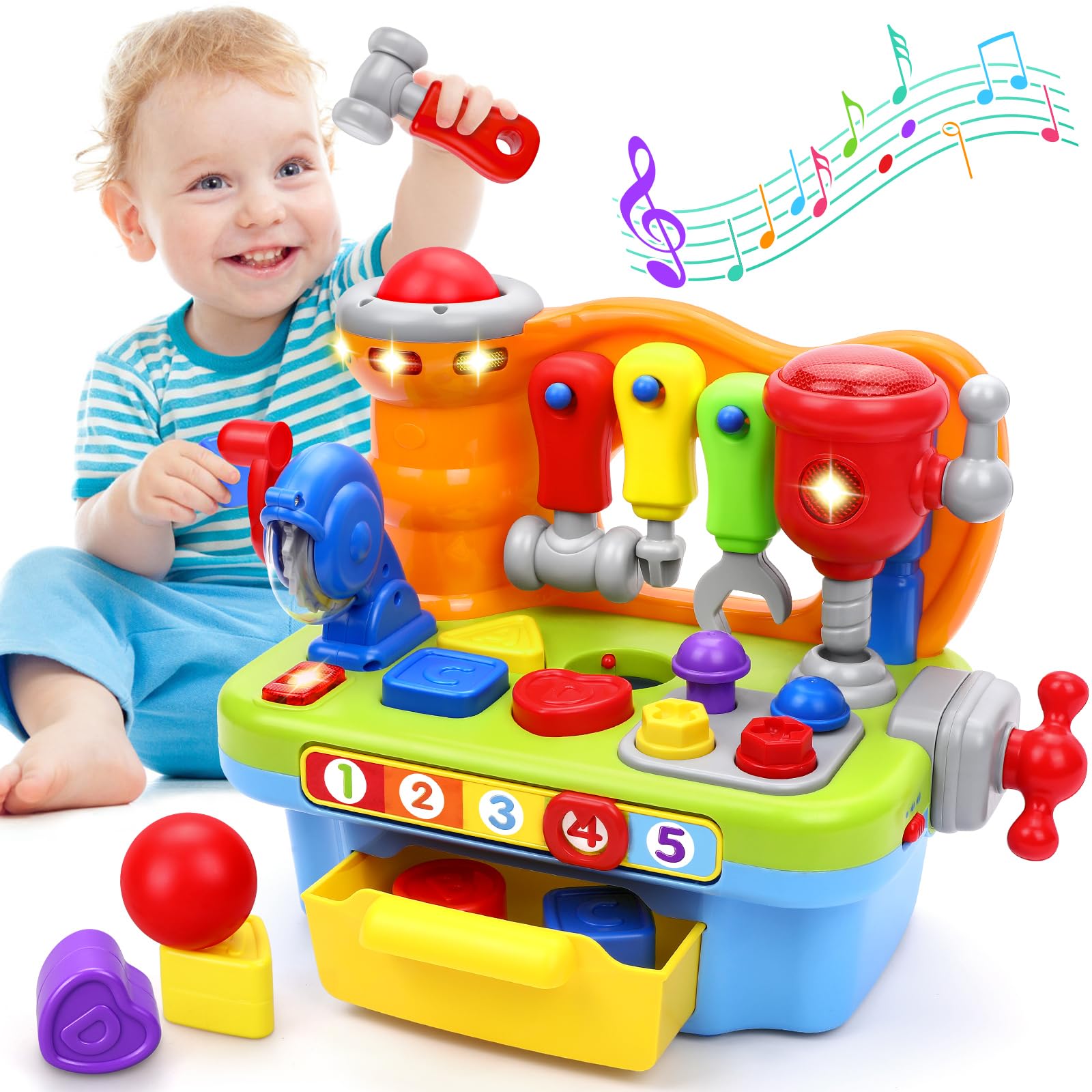 Toys for 1 Year Old Boy, Musical Learning Workbench for Toddler Toys Age 1-2, Baby Toys 12-18 Months Birthday Gifts for 1 Year Old Boy Toys, Sound Lights Engineer Pretend Play Early Education Toys