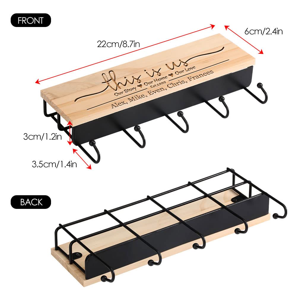 Personalized Wall Mounted Key Holder for The Home, Custom Wooden Key Rack for Wall with Iron Storage Basket, Engraved Your Family Last Name Key Hanger Gift for Wedding Housewarming