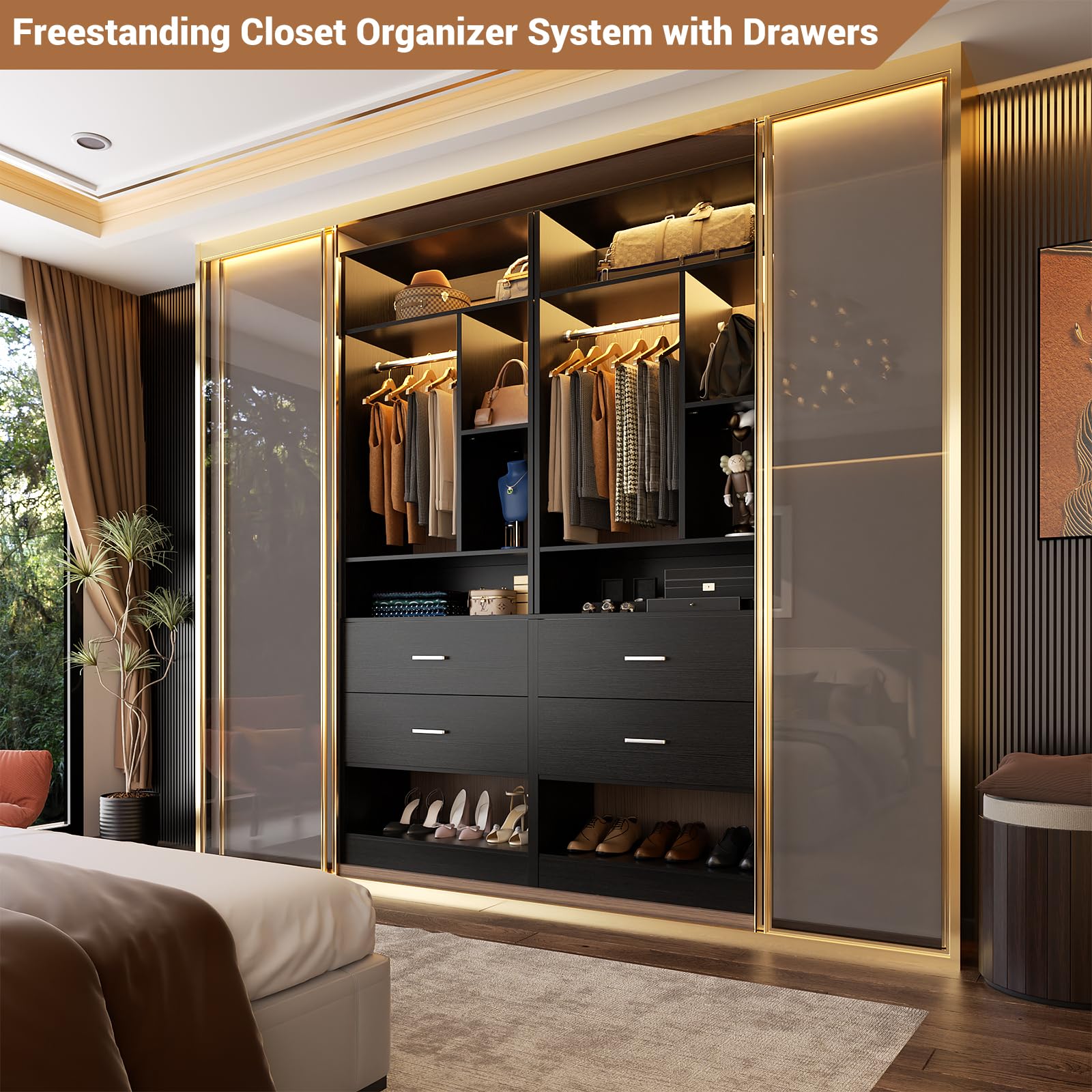Besiost Freestanding 2FT Closet System with 3 Wood Drawers, 24" Closet Organizer System with Hanging Rod & Shelves, Walk-in Closet Systems for Small Closets, White (24"L x 15" W x 80" H)