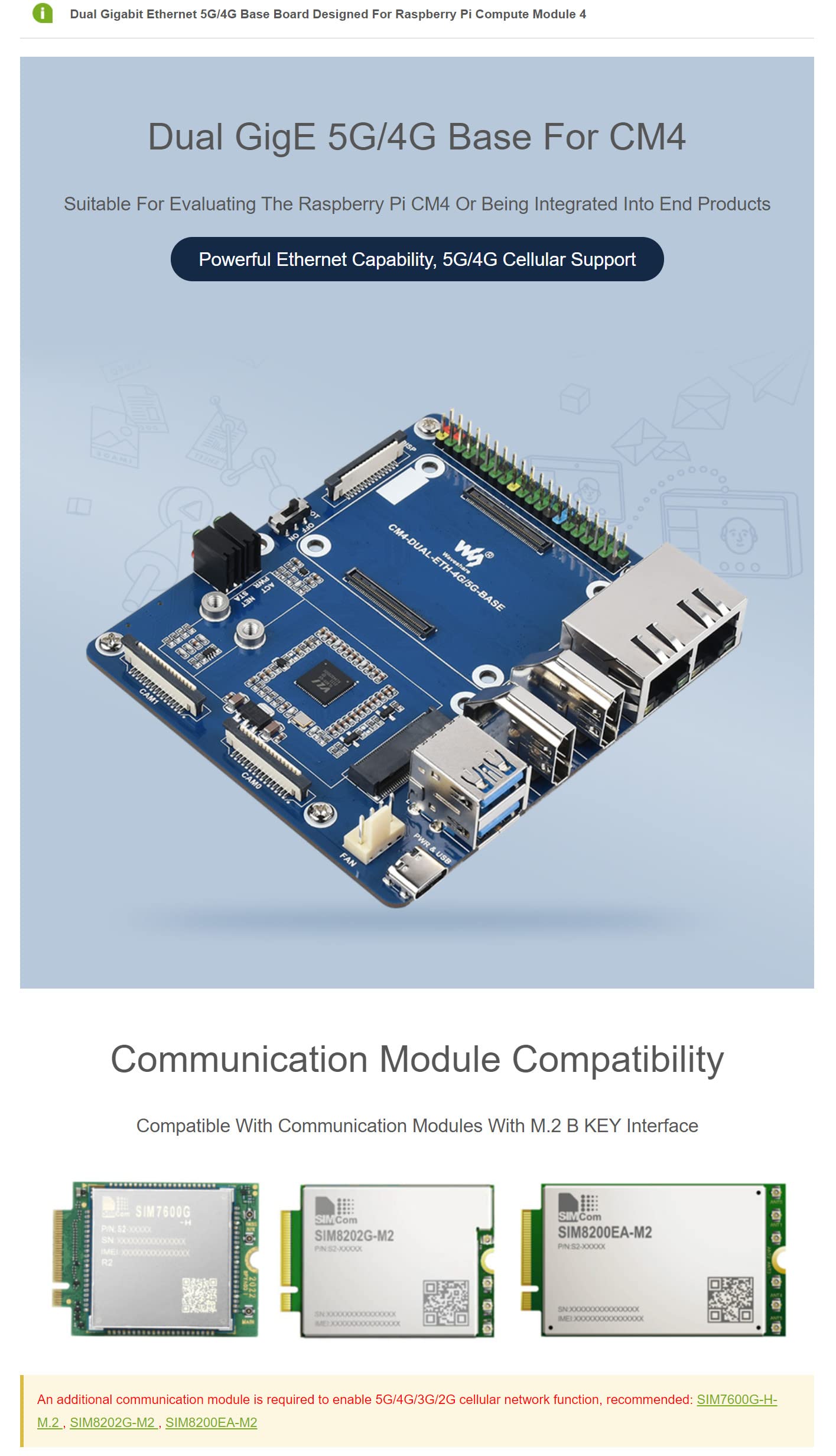 Dual Gigabit Ethernet 5G/4G Cellular Support Base Board Designed for Raspberry Pi Compute Module 4(CM4)