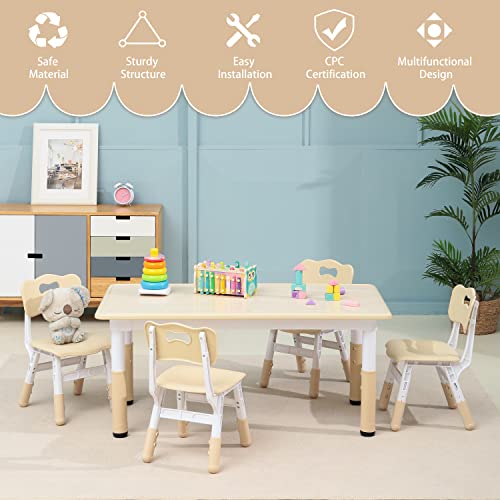 JONUTATO Table And Chair Set, Height-Adjustable Desk with 4 Seats for Toddler/Kids/Girls & Boys Age 2-10, Scrub-table Desktop Study Daycare, Classroom, Home