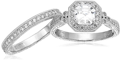 Amazon Essentials Platinum-Plated Sterling Silver Antique Ring set with Asscher-Cut Infinite Elements Cubic Zirconia, Size 8 (previously Amazon Collection)