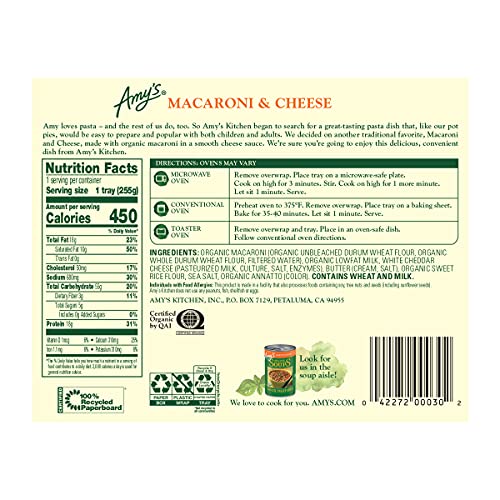 Amy's Frozen Meals, Macaroni and Cheese Frozen Pasta Tray, Made With Organic Pasta and White Cheddar Cheese, Microwave Meals, 9 Oz