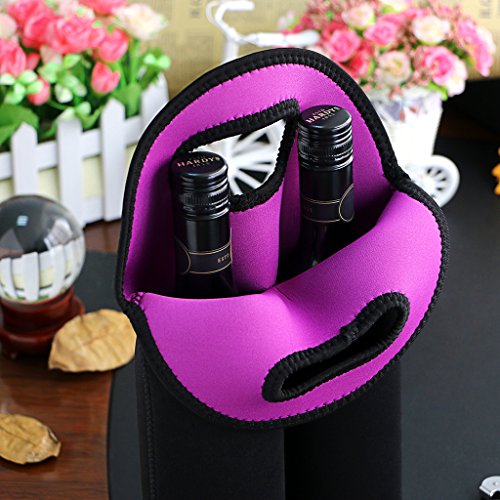 Hipiwe Wine Carrier Tote Bag Two Bottle Insulated Neoprene Wine/Water Bottle Holder for Travel with Secure Carry Handle (Blake+ Purple)