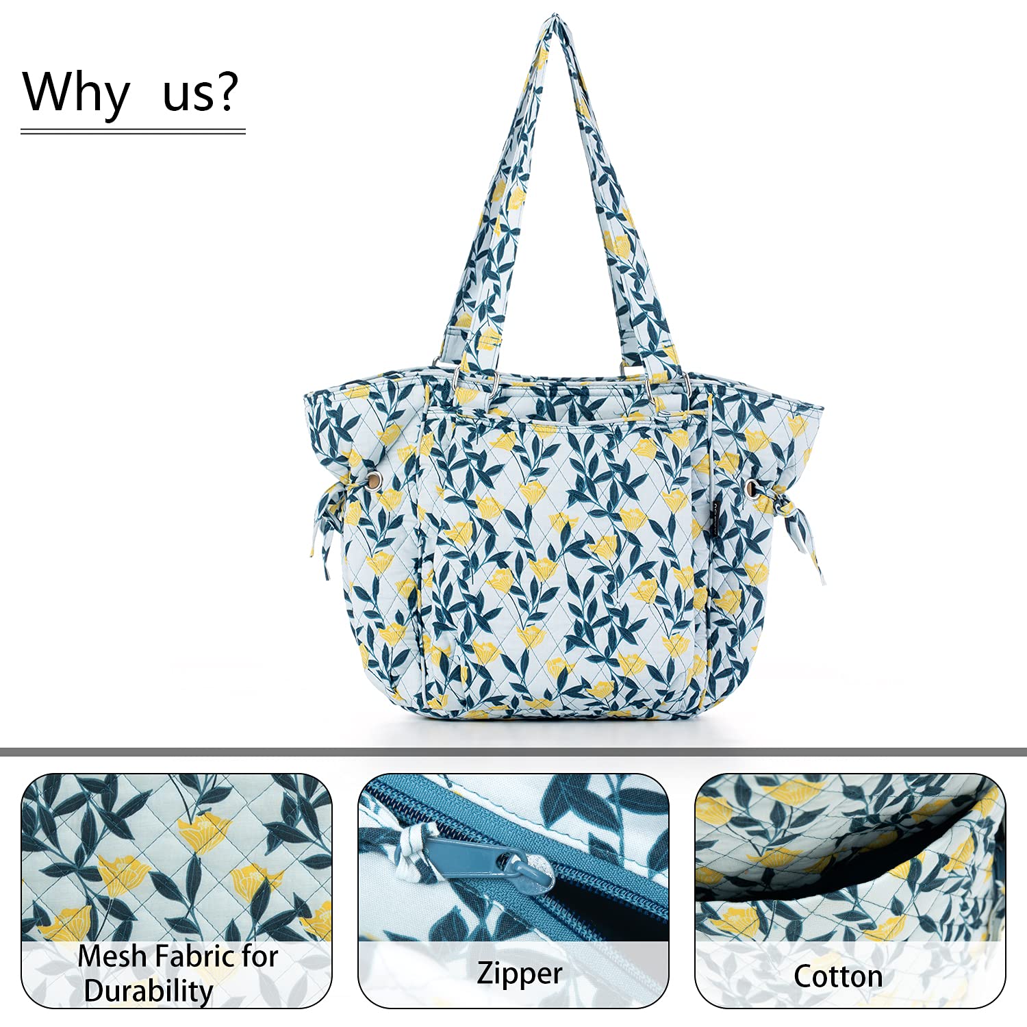 Magou Quilted Tote Bag for Women Signature Cotton Shoulder Bag Lightweight Handbag for Shopping Workout